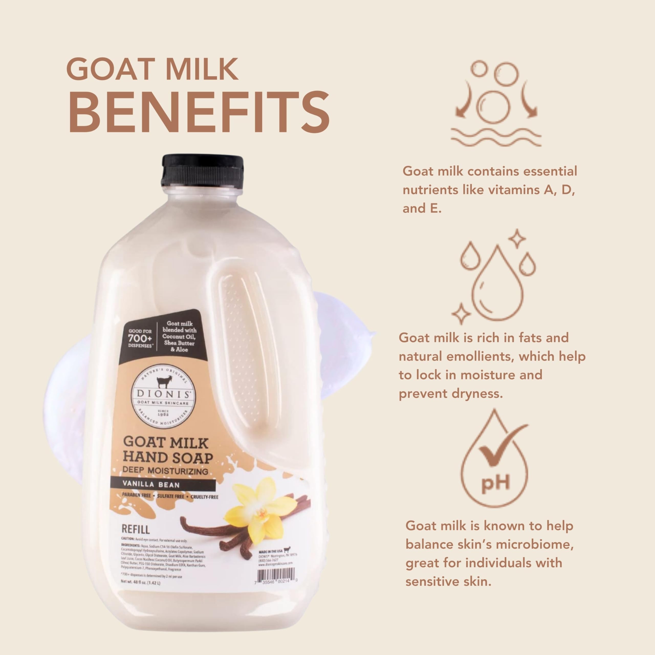 Dionis Goat Milk Skincare Deep Moisturizing Hand Soap Refill - Concentrated Hand Moisturizing Formula Blended With Shea Butter, Aloe Vera & Coconut Oil - Made In The USA - Vanilla Bean, 48 Oz Bottle