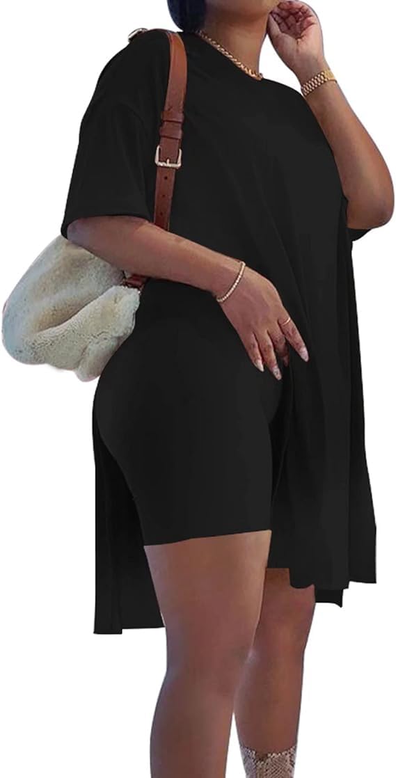 AXOSY Women Plus Size 2 Piece Outfits Short Sleeve Tunic Tops and Skinny Biker Shorts Sets Tracksuits Black,3X-Large