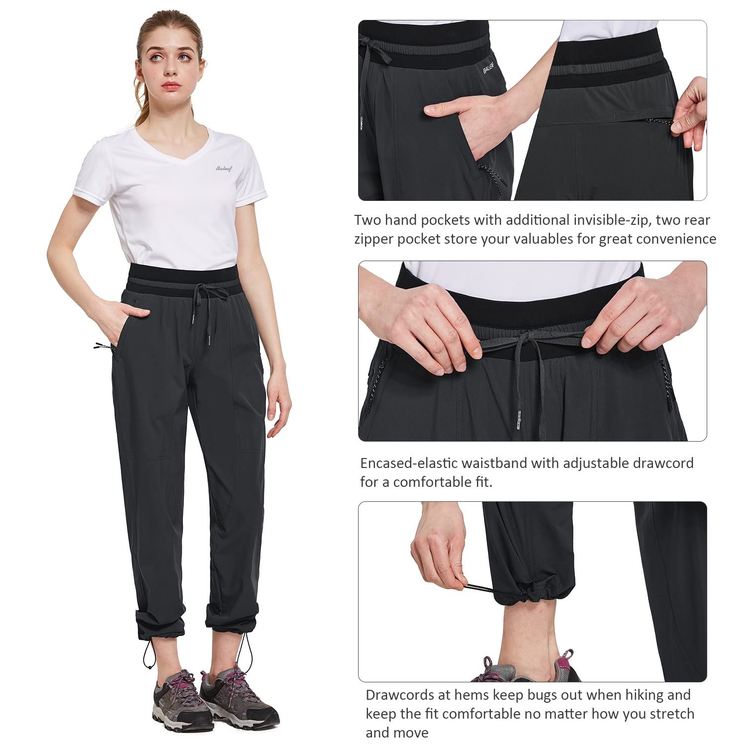 BALEAF Women's Hiking Pants Capris Elastic Waist Lightweight UPF 50+ Quick Dry with Zipper Pockets Fishing Camping Jogging Black S