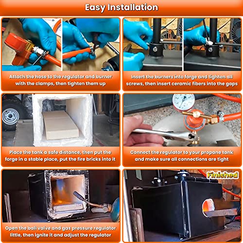 Triple Burners Portable Propane Gas Forge Three Burners 2600°F/1425℃ Large Capacity Square Forging Furnace for Blacksmithing Farrier Knife Tool Making Equipment with Tong & Gloves