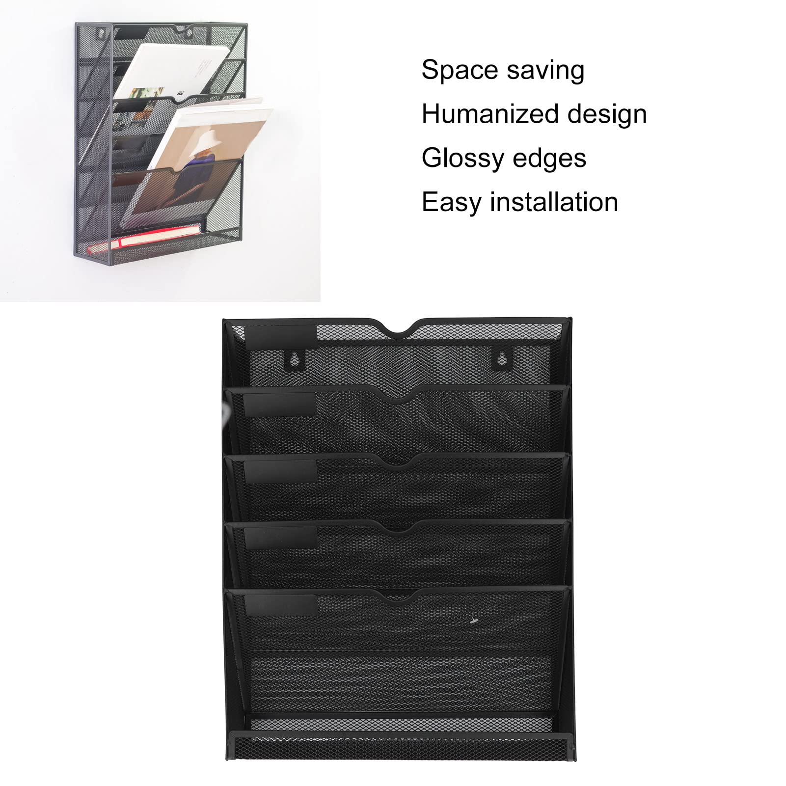 Asixxsix Hanging Wall File Organizer, 5 Pockets Metal Mesh Wall Mounted Paper Magazine Rack with Bottom Flat Tray Heavy Duty File Document Organizer for Home Office Classroom Wall File Holder