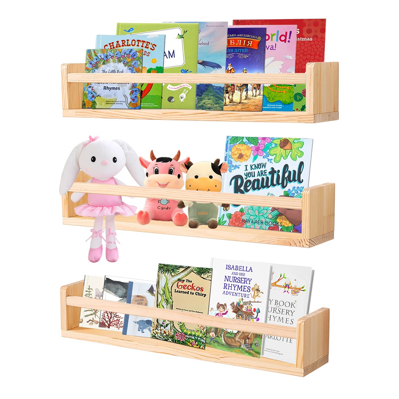 AZSKY Nursery Book Shelves 24 Inch Rustic Natural Wood Floating Shelves,Wall Book Shelves for Farmhouse,Bathroom Décor,Kitchen Spice Rack or Book Shelf Organizer for Home Décor,a Set of 3 Same Sizes