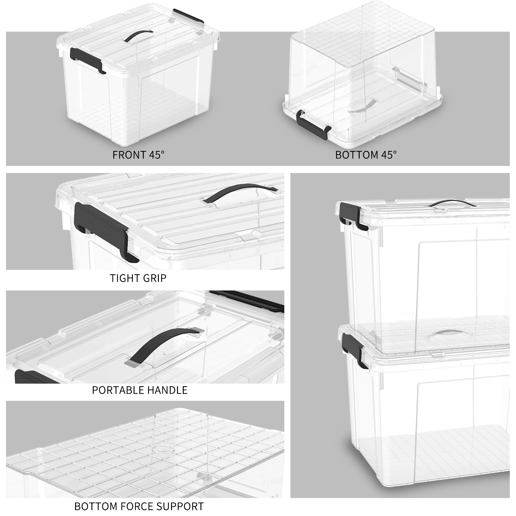 Cetomo 95Qt*6 Plastic Storage Bins, Storage Box, 6 Pack, Tote Organizing Container with Durable Lids and Secure Latching Buckles, Stackable and Nestable, Clear with Black Buckle
