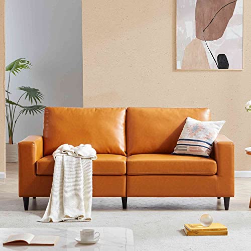 Cotoala PU Leather Sofa, Modern Upholstered 3 Seat Sectional Couch Furniture for Living Room, Home, Solid Frame and Wood Legs-Brown
