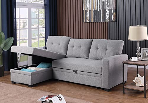 Devion Furniture L-Shape Linen Sleeper Sectional Sofa for Living Room, Home Furniture, Apartment, Dorm Sofabed, Light Gray