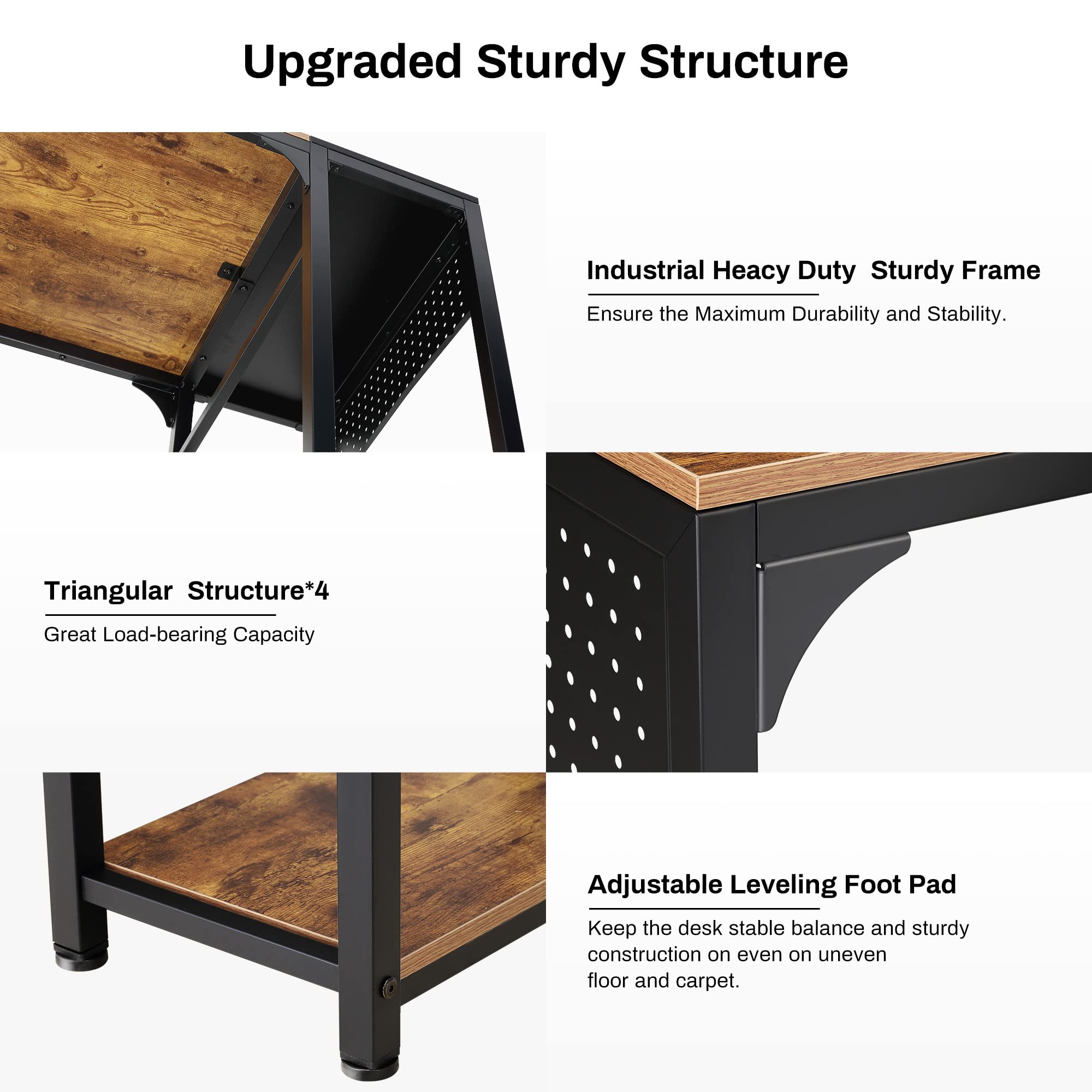 DESIGNA 55 Inch Home Office Computer Desk with Monitor Stand Storage Shelves, Study Writing Moder PC Computer Gaming Desk Large Workstation with 2 Hooks & Storage Bag,Easy Assembly,Rustic Brown/Black