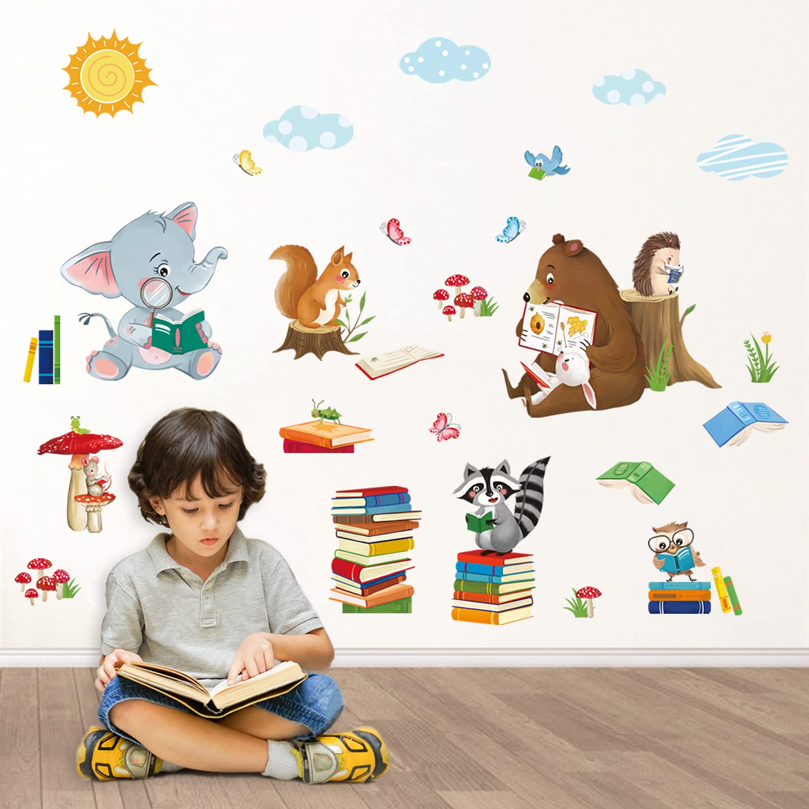 decalmile Animals Reading Educational Wall Decals Elephant Bear Squirrel Wall Stickers Kids Bedroom Children Classroom Daycare Wall Decor