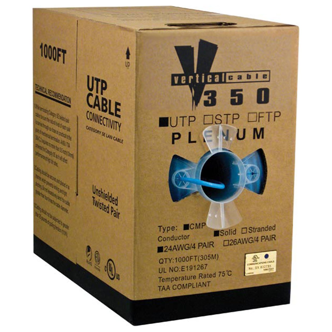 Vertical Cable CAT5E, 350 MHz, UTP, 24AWG, 8C Solid Bare Copper, Plenum, 1000ft, Blue, Bulk Ethernet Cable