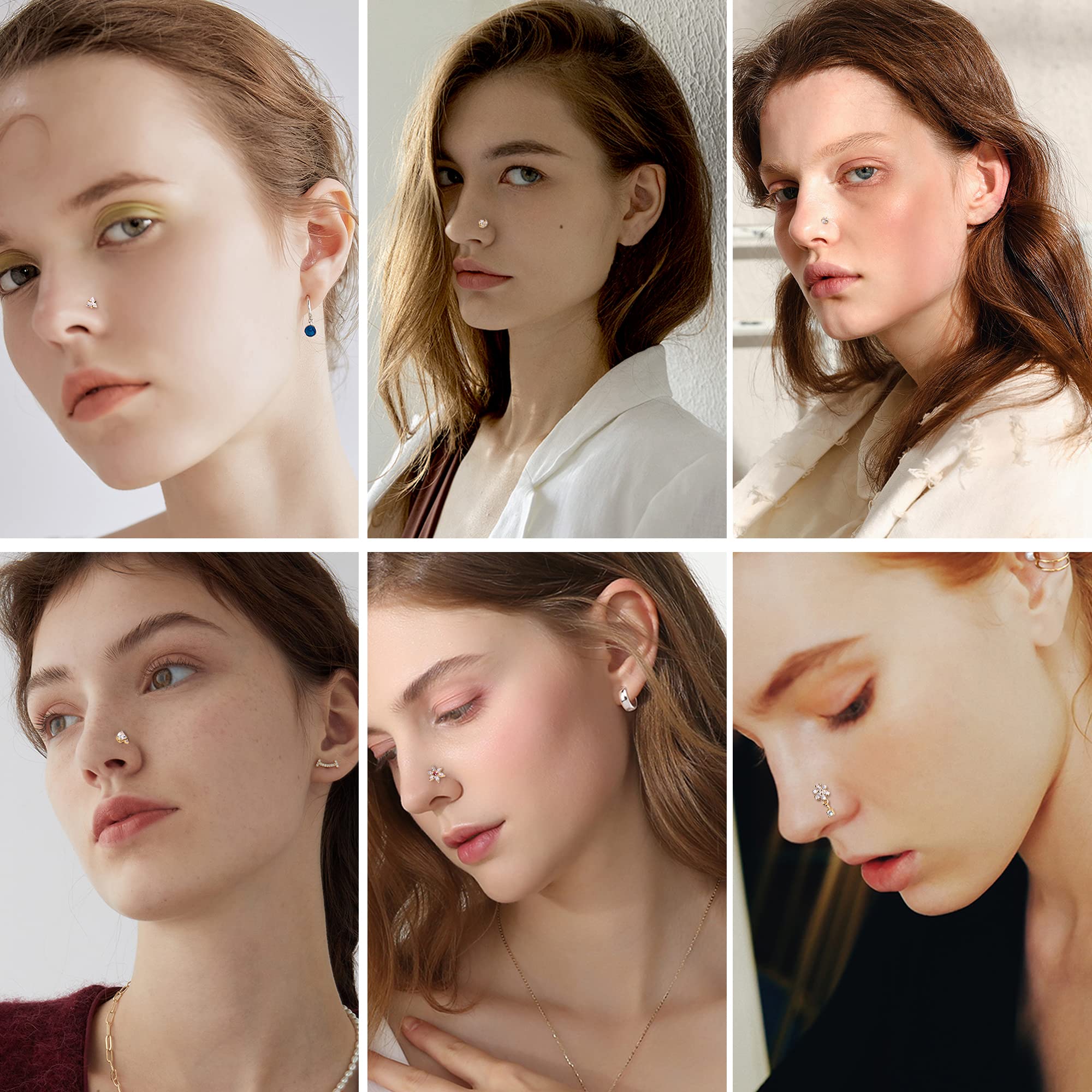 Besteel 12Pcs Nose Ring Studs Piercings Rings CZ Hypoallergenic L Heart Shape Stainless Steel Nose Ring Piercing Jewelry 20G Nose Studs for Women