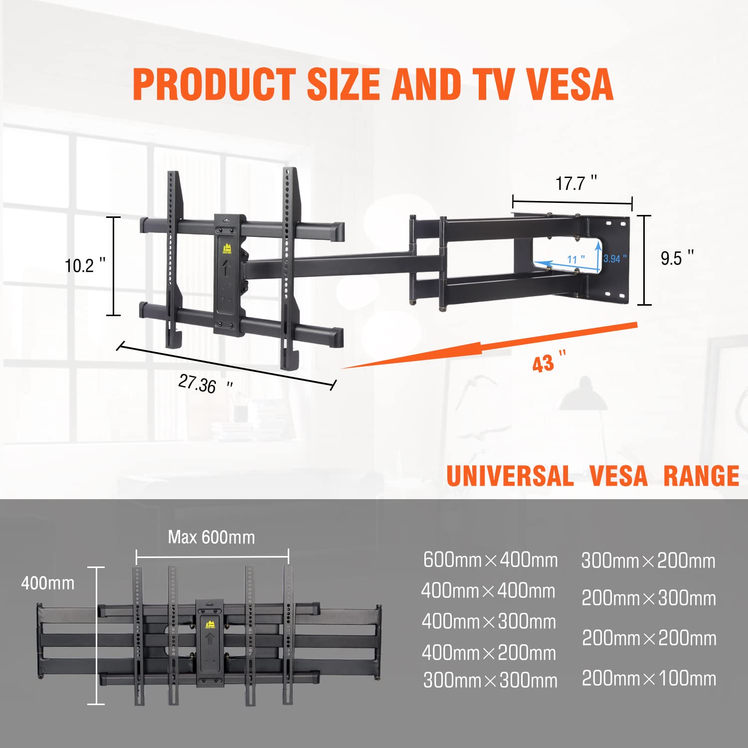 Heavy Duty Long Arm TV Wall Mount,43'' Dual Articulating Arm, Full Motion Swivel Tilt Level,Fits 50-95" TVs,Holds 165 lbs,VESA 800x400mm, Easy Installation,Space Saving