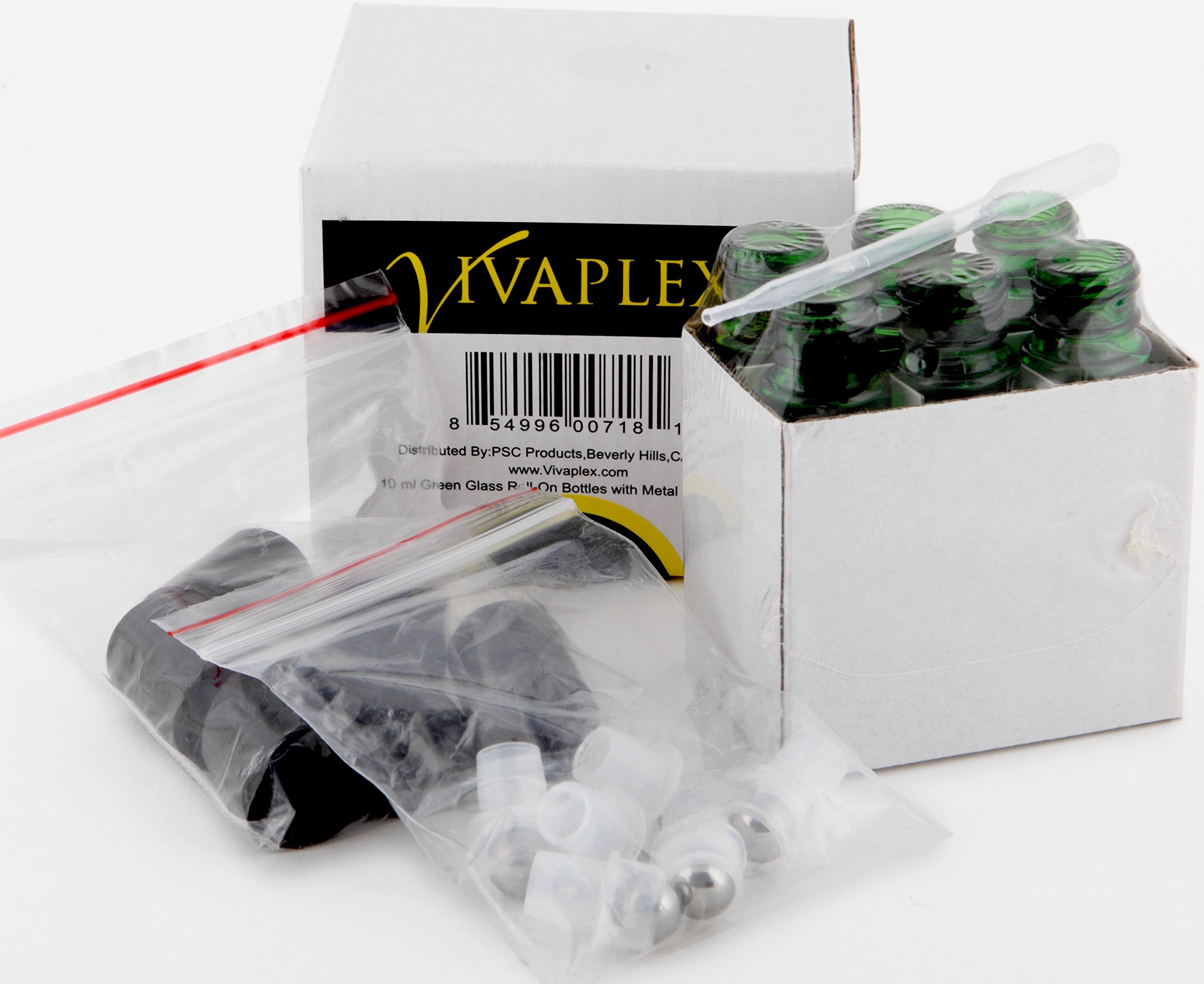 Vivaplex, 6, Green, 10 ml Glass Roll-on Bottles with Stainless Steel Roller Balls - .5 ml Dropper included