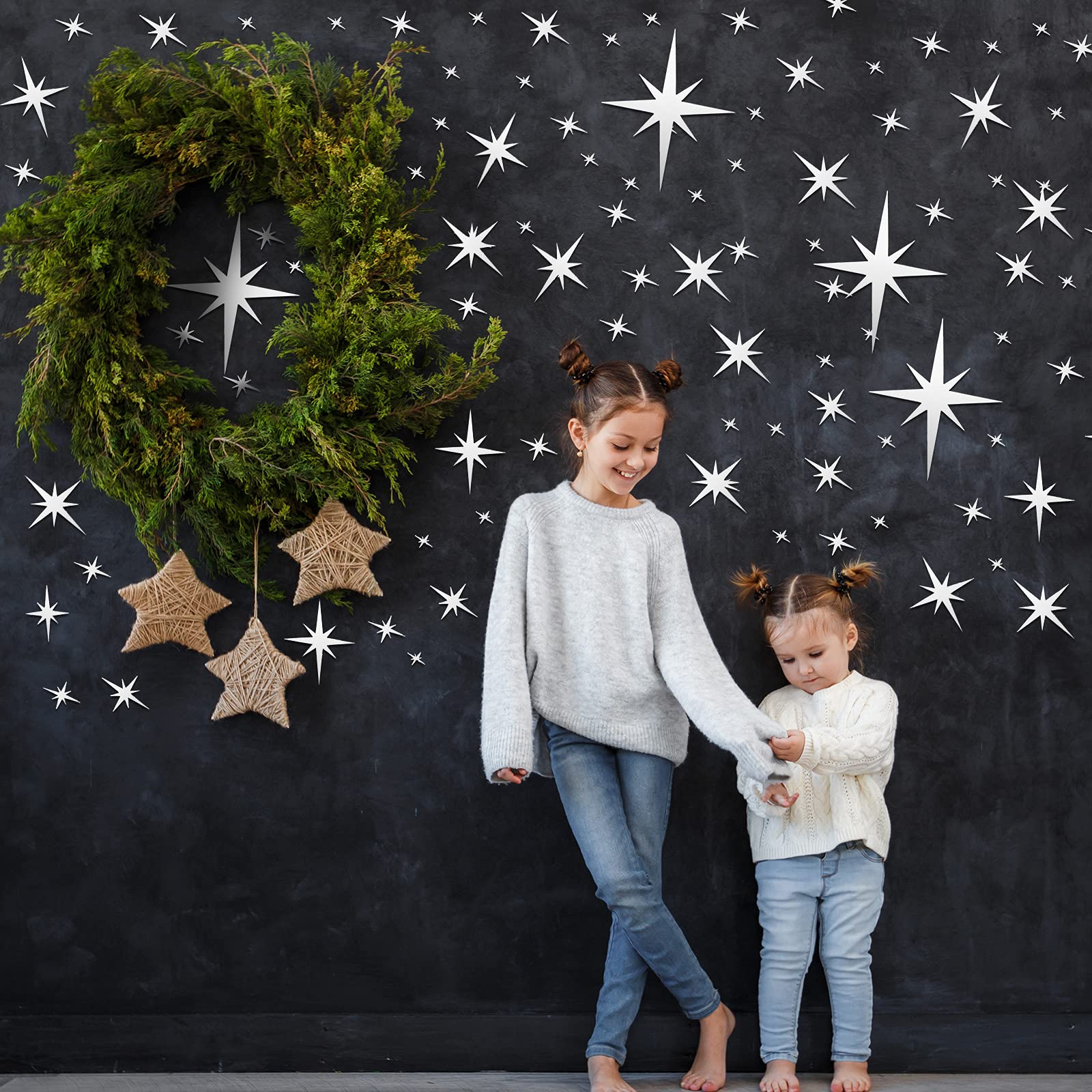 Zonon 82 Pieces Mirror Wall Stickers Removable Star Wall Decals 3D Acrylic Mirror Setting Wall Sticker Christmas Star Decorative Decal for Home Wall Living Room Bedroom Decor(Silver)