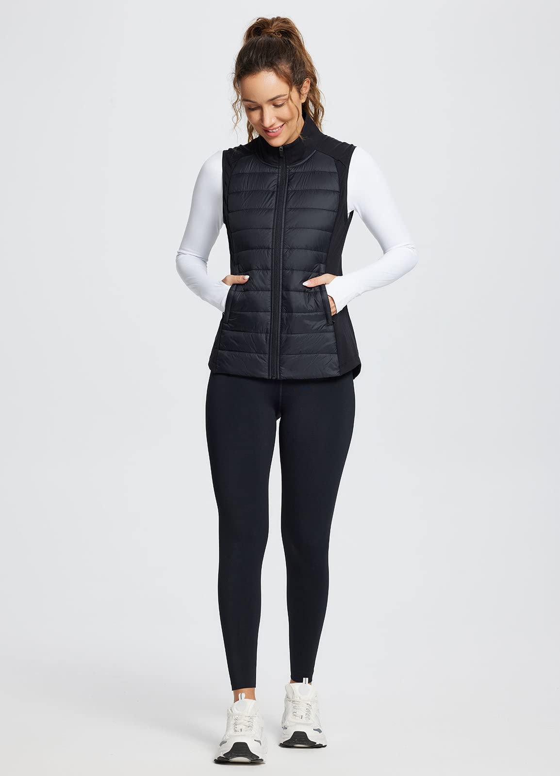 BALEAF Women's Lightweight Warm Puffer Vest Running Winter Hybrid Sleeveless Quilted Water Resistant Jacket Black S