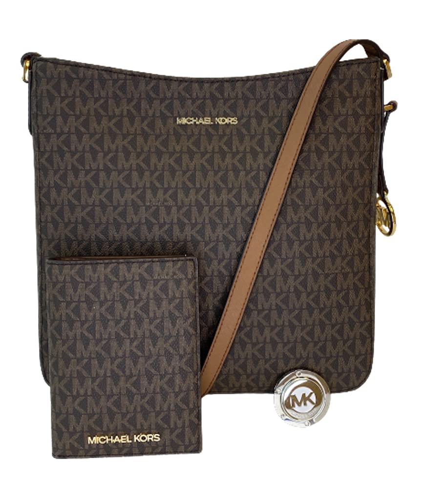 Michael Kors MICHAEL Michael Kors Jet Set Travel Large Messenger Crossbody bundle with Passport Case Purse Hook (Signature MK Brown)