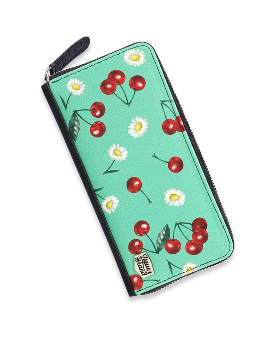 Liquorbrand Cherry Daisy Green Women's Zip Around Wallet