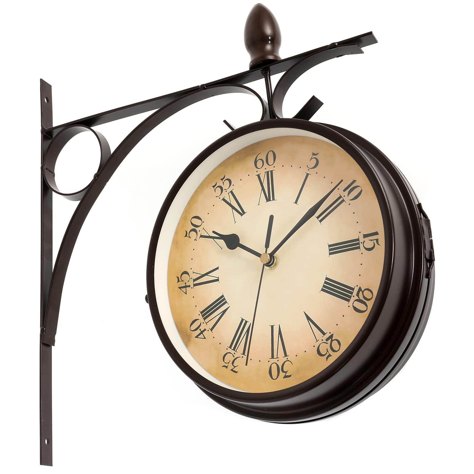 IRONWALLS Hanging Double Sided Clock, Metal Iron Vintage Wall Clock, Battery Operated Quiet Silent European Style Wall-Mounted Antique Retro Clock for Patio, Cafe, Garden, Home Decor