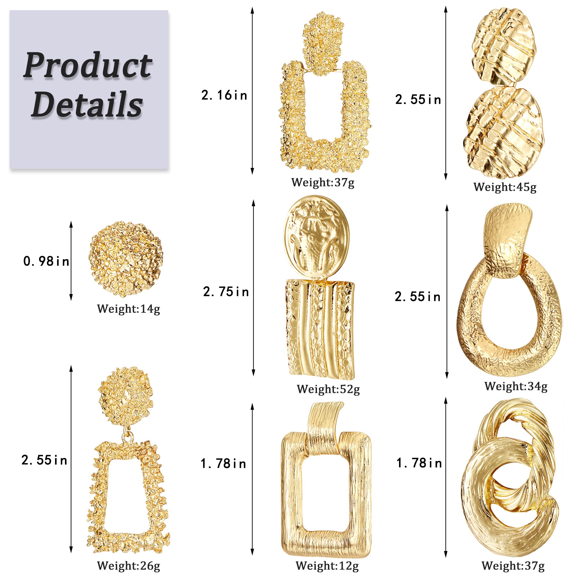 BESTEEL 9 Pairs Gold Statement Drop Earrings for Women Geometric Dangle Earrings Large Metal Rectangle Earrings Set
