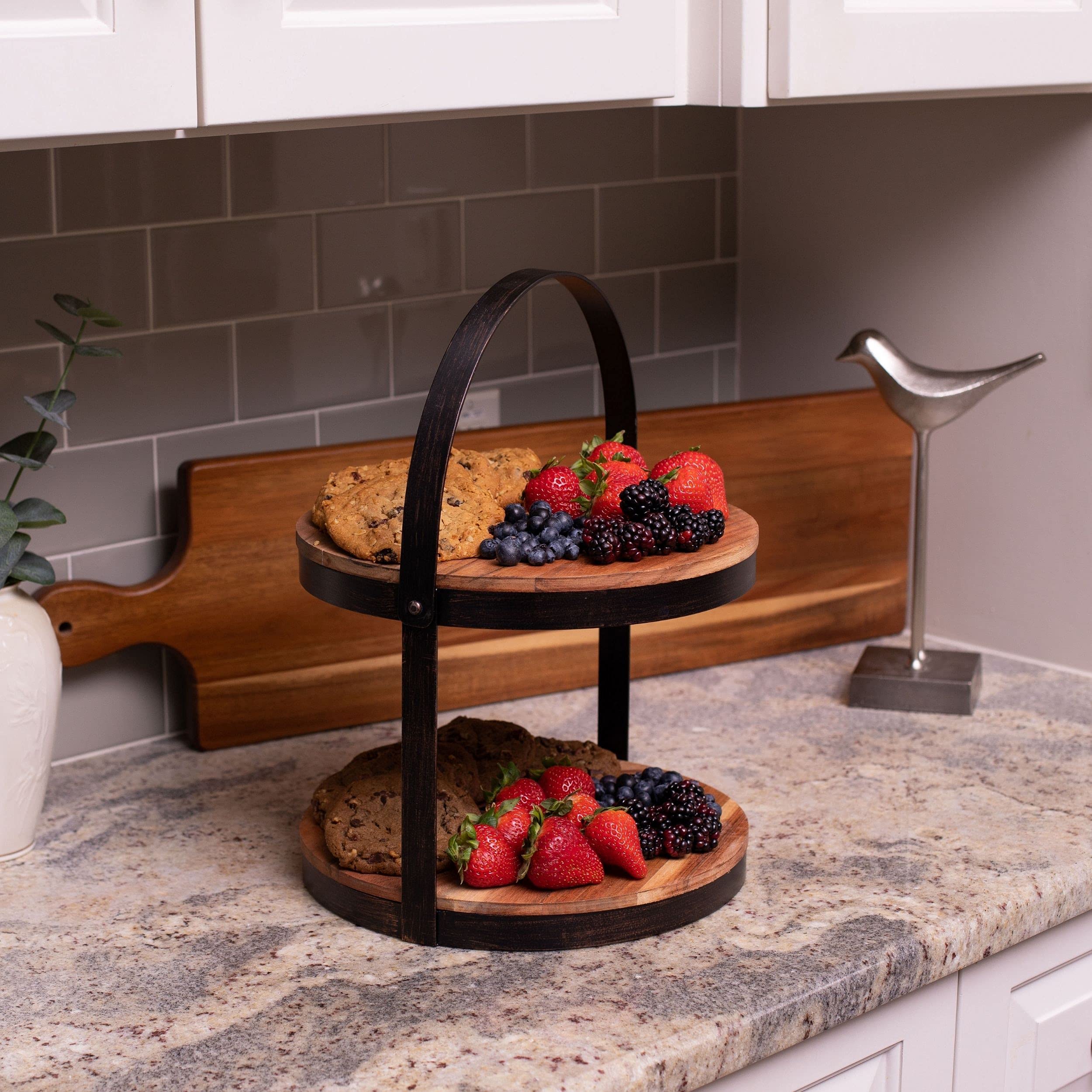 BIRDROCK HOME 2-Tier Cupcake and Cake Stand with Handle - Wood Iron Dessert Serving Tray - Rustic Farmhouse Dessert Stand - Modern Party Tiered Server - Table Kitchen Home Display - Round