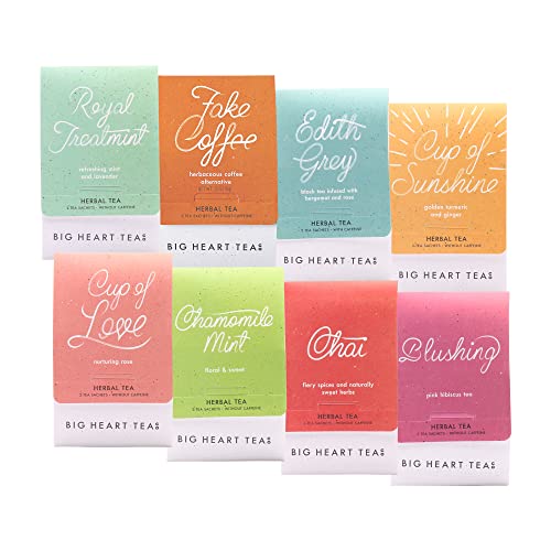 Big Heart Tea Co. Tea Bags Sampler Set - Certified Organic, Ayurvedic Herbal Tea - Small Batch Ground Herbs, Florals, Spices in Zero Plastic Sachets - Healthy Tea Variety Pack - 8 Flavors, 16 Pack