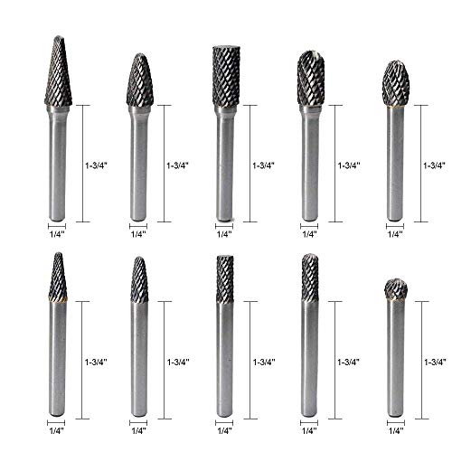 Carbide Burr Set JESTUOUS 1/4 Inch Shank Diameter Double Cut Tungsten Carbide Cutting Burrs Rotary Files Bits for Die Grinder Metal Grinding Woodworking Drilling Carving,10pcs