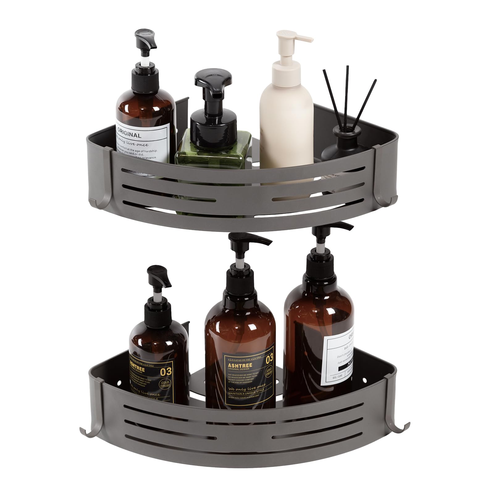 Myckulisu Bathroom Corner Shower Caddy,2 Pack Corner Organizer Shelves,No Drilling Aluminum Shower Storage Rack with 4 Hooks for Bathroom,Toilet,and Kitchen,Dark Grey