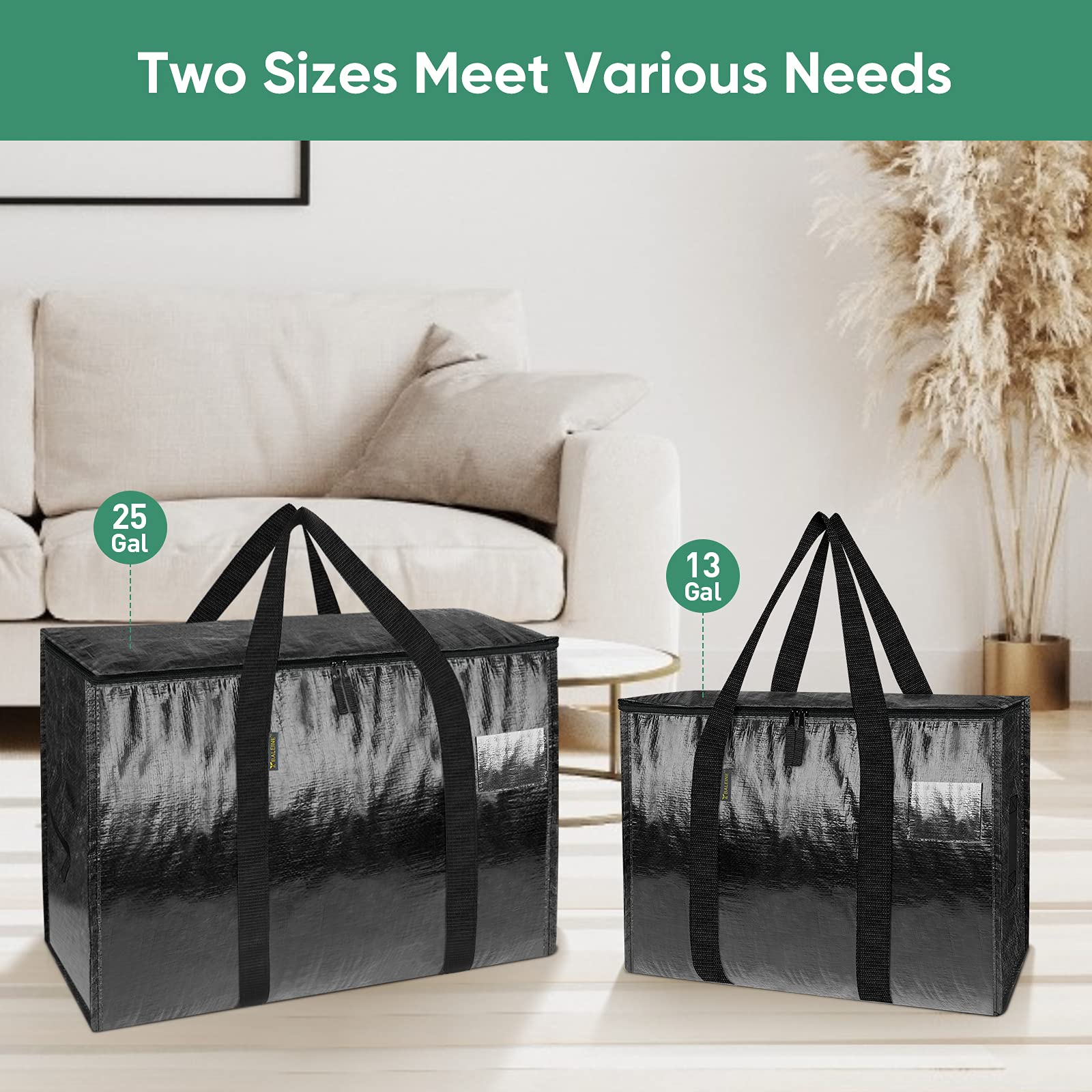 BALEINE 13 Gallon Moving Totes with Reinforced Handles, Heavy-Duty UnderBed Storage Bag for Moving Boxes, Clothes, Travel (6 Pack, Black)