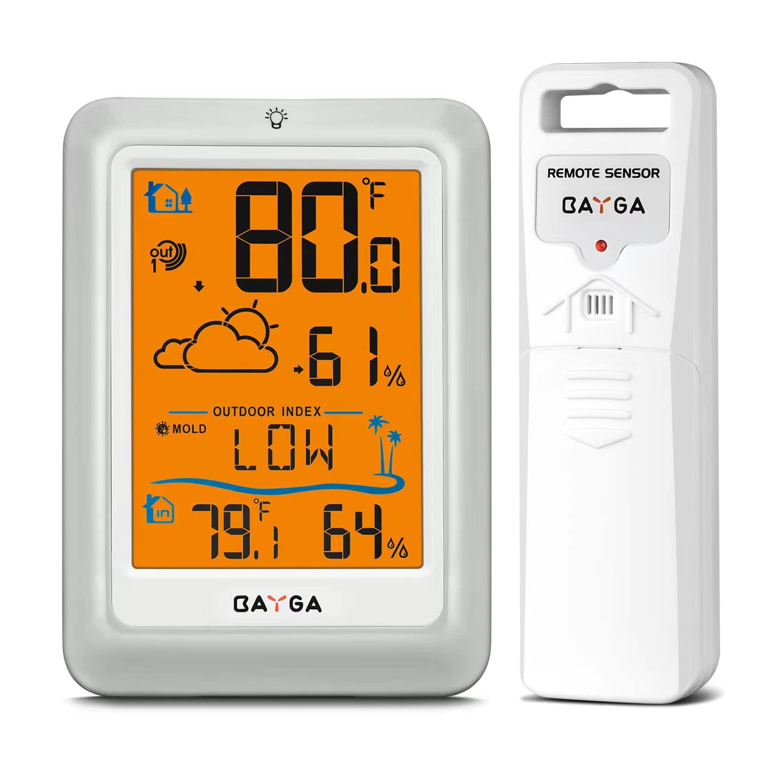 BAYGA Indoor Outdoor Thermometer Wireless Digital Hygrometer, High Precision Temperature Humidity Gauge Monitor with 330ft Range Remote Sensor, Backlight Room Thermometer with Outdoor Index