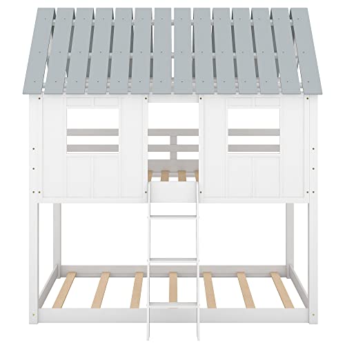 DEYOBED Twin Over Twin House-Shaped Wooden Bunk Bed - Perfect for Kids and Teens, Creative and Space-Efficient Bedroom Solution