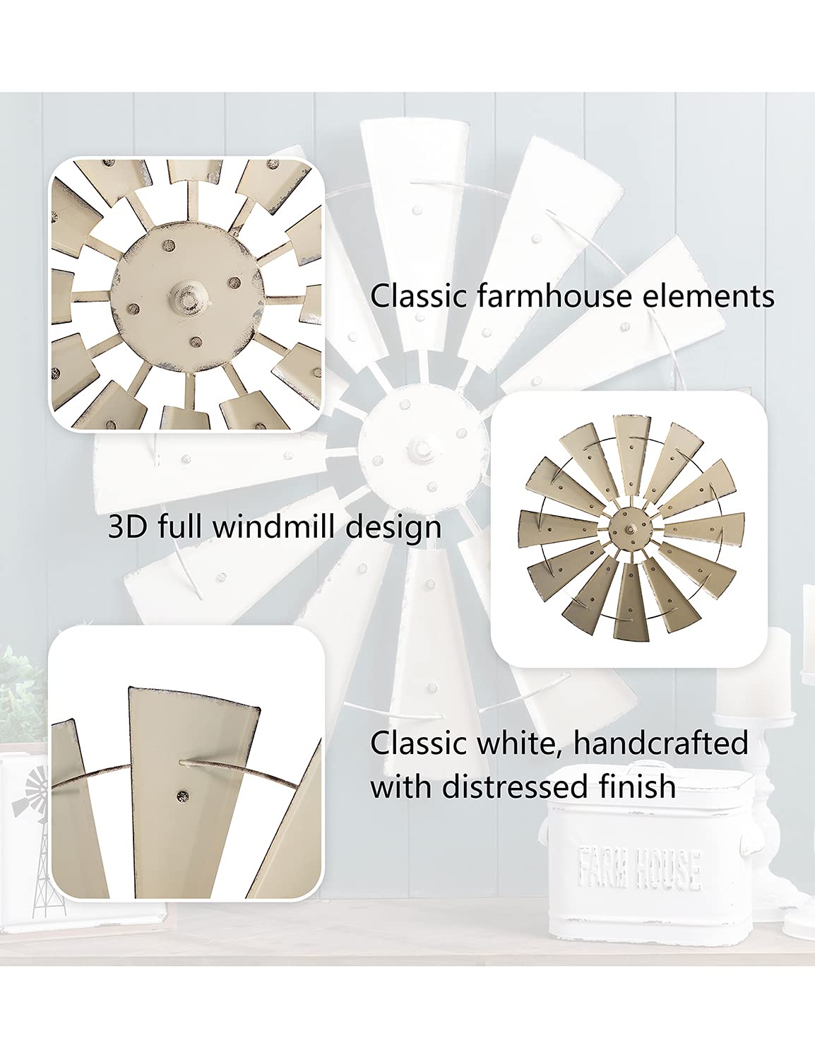 Glitzhome 22" Farmhouse Galvanized Windmill Wall Sculpture Home Decor Rustic Metal Rustic Wall Art Decoration, Silver