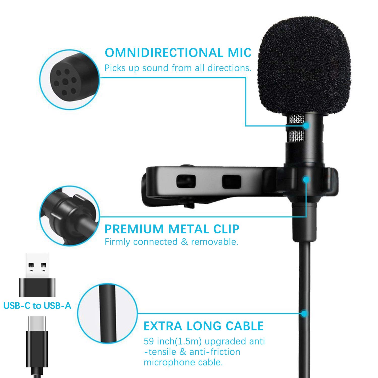 IUKUS USB Type C Lavalier Lapel Microphone,[DAC Chip] Professional Omnidirectional USB-C Lavalier Microphone with Easy Clip On System Compatible with IP@d Pro 2018 2019 Go0gle Pixel 2 3 XL M0to Z