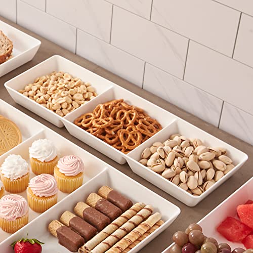 US Acrylic Avant White Plastic Divided Serving Trays (Set of 4) 15β x 5β | Narrow Reusable 3-Section Party Platters | Serve Appetizers, Fruit, Veggies, & Desserts | BPA-Free & Made in USA