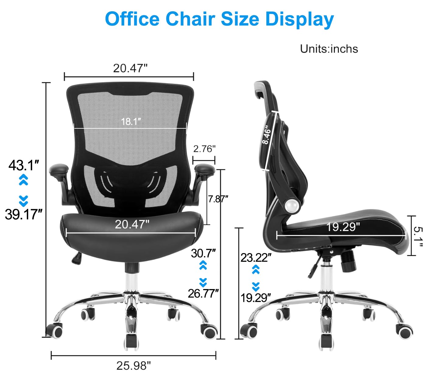 Chairoyal Office Chair -PU Cushion Ergonomic Mesh Back Home Office Desk Chairs with Adjustable Lumbar Support & Seat Height, Swivel Executive Computer Task Chairs with Flip-Up Arms for Office/Study