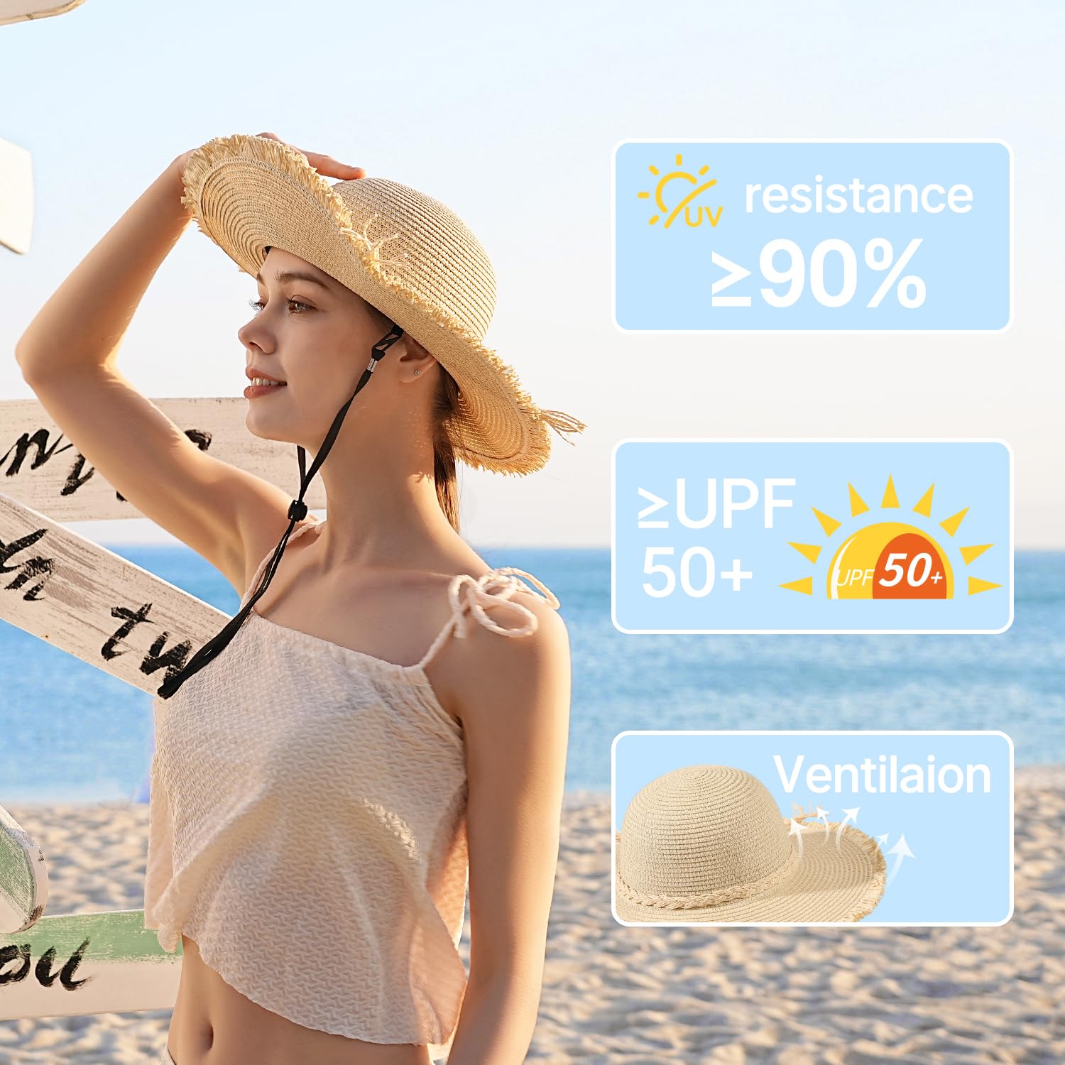 Beach Hats for Women, Wide Brim Sun Straw Hat for Women, UV Protection UPF 50+ Sun Hats, Collapsible Roll up Cap