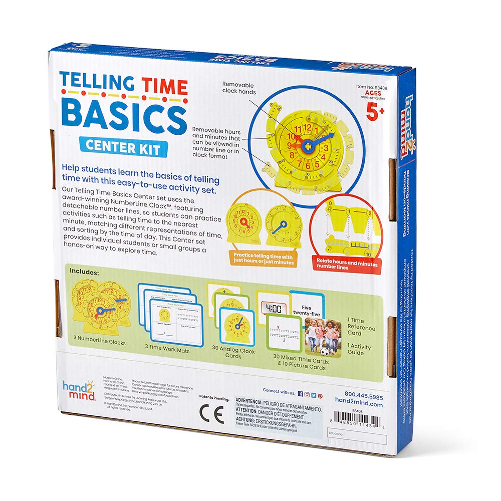 hand2mind Telling Time Basics Center Kit, NumberLine Learn to Tell Time Activity Set, Telling Time Teaching Clock Activities, Analog Classroom Clock for Kids, Math Manipulatives for Elementary School