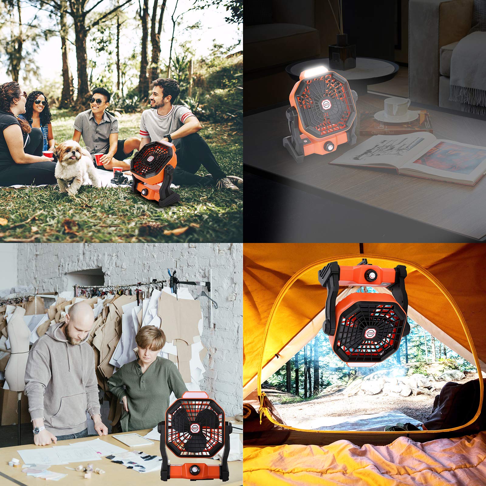 ivSunTEK Portable Camping Fan with LED Light and 270° Adjustment, Powerful, Quiet, and USB Rechargeable for Indoor and Outdoor Use