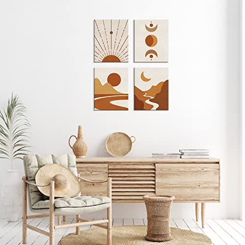 Creoate Boho Wall Art, 4 Pieces Mid Century Wall Art Sun Moon Boho Canvas Print Framed Set Artwork for Living Room Bedroom Wall Decor