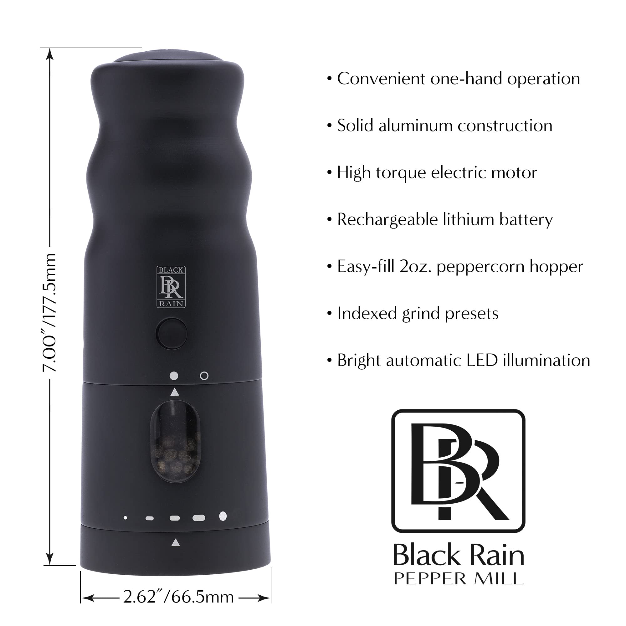 BLACK RAIN Pepper Mill Grinder - High Pepper Volume Automatic Peppercorn Grinder w/Built-in LED Lighting - Sturdy Aluminum Electric Pepper Grinder w/Rechargeable Lithium Battery (Matte Black)