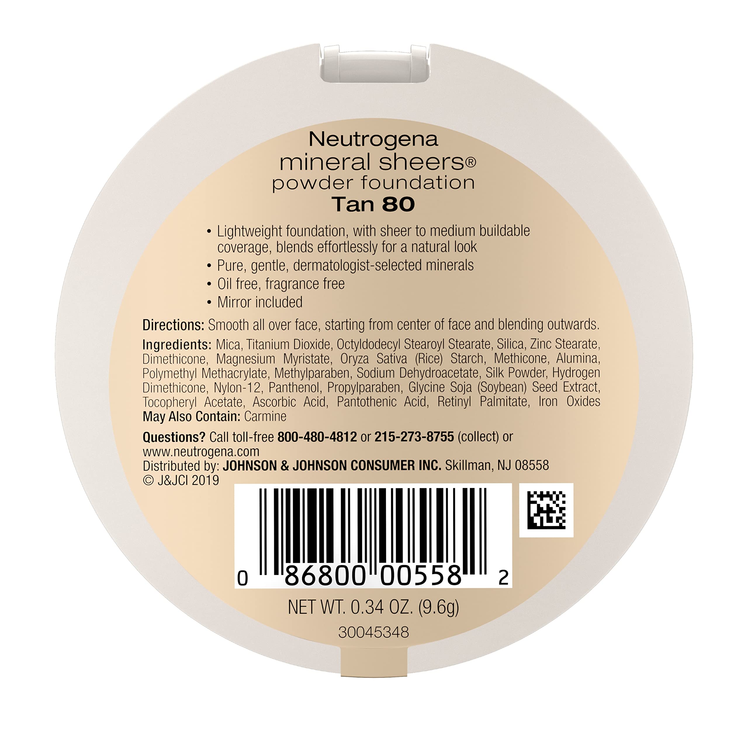 Neutrogena Mineral Sheers Compact Powder Foundation, Lightweight & Oil-Free Mineral Foundation, Fragrance-Free, Tan 80,.34 oz (Pack of 2)