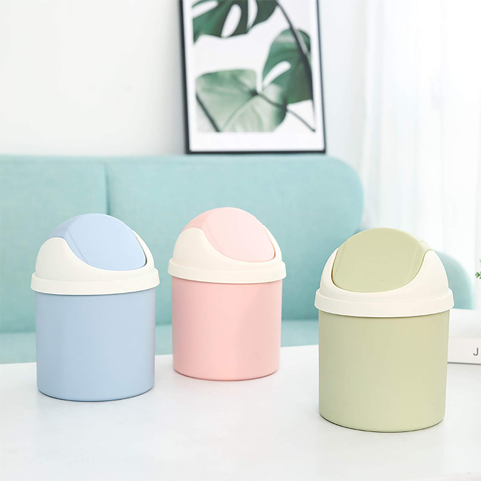 Desktop Mini Plastic Waste Garbage Can with Lid, Stylish Countertop Trash Bin Table Waste Paper Basket Round Small Trash Can for Office Bathroom Children Bedroom, Pink