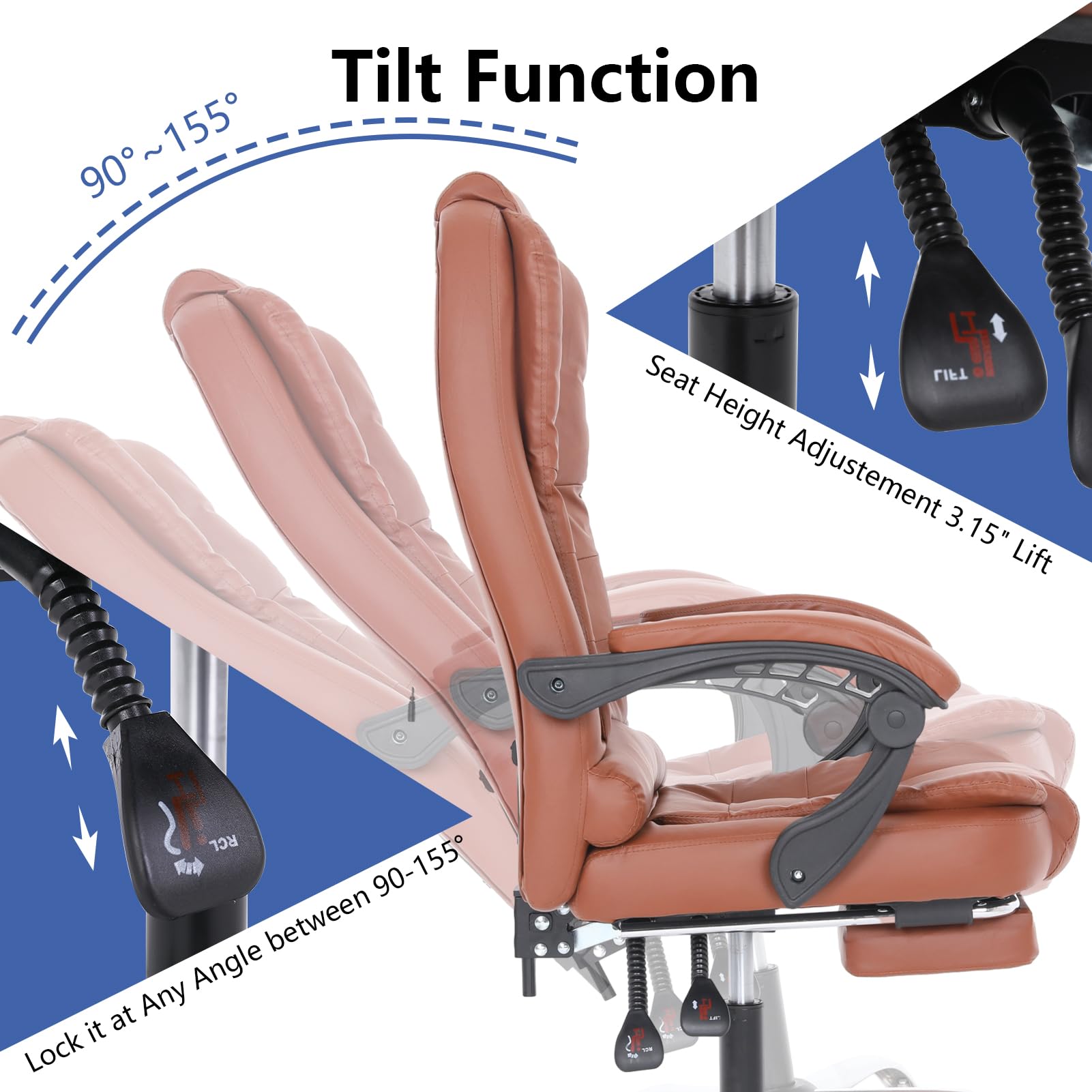 Bioopts Massage Office Chair Executive High Back Chair Lumbar Support Computer Desk Chair Ergonomic PU Leather-Padded Swivel Chair Reclining Task Chair with Footrest for Home Office Work(Light Brown)