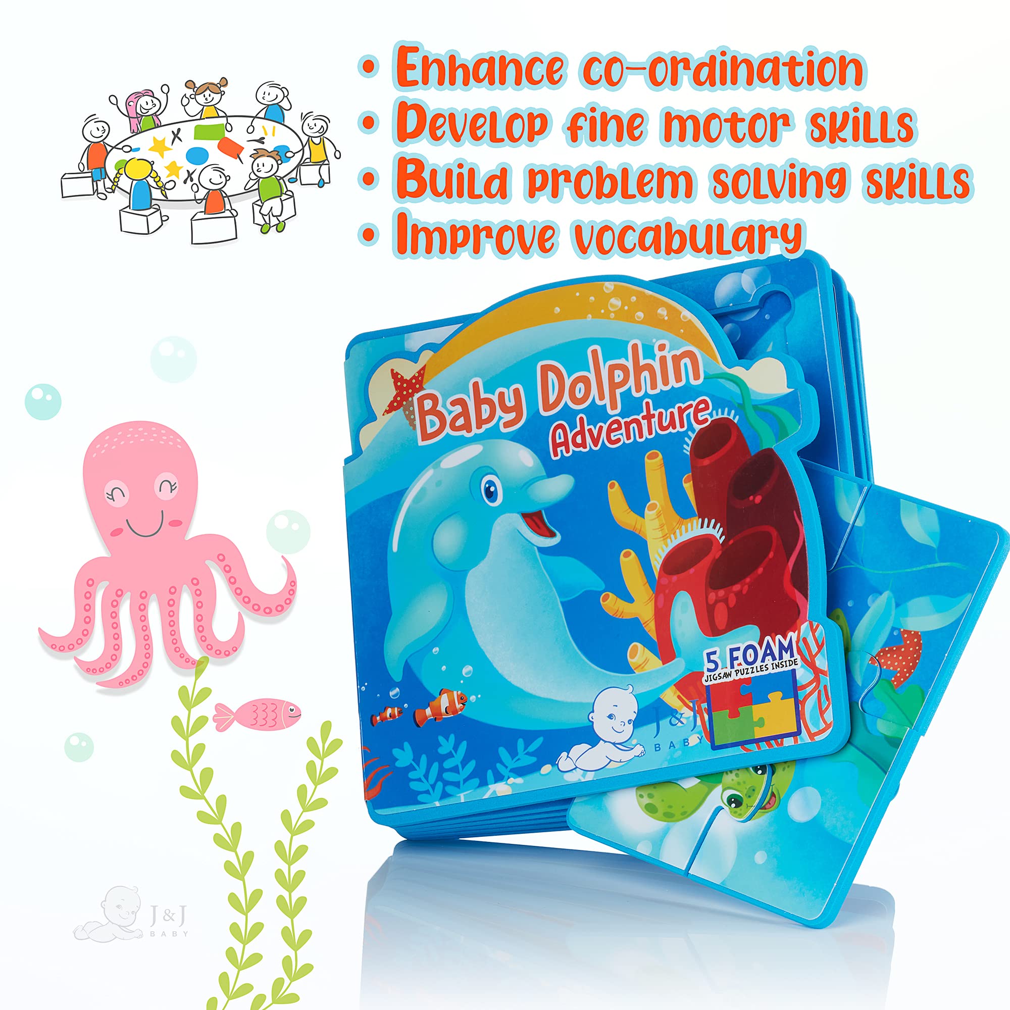 J&J Baby Toddler Puzzles - 5x4-Pieces Dolphin Adventure Soft Jigsaw Puzzles for Toddlers - Set of 5 Educational Learning Puzzles Book for Kids 2-3 Years Old