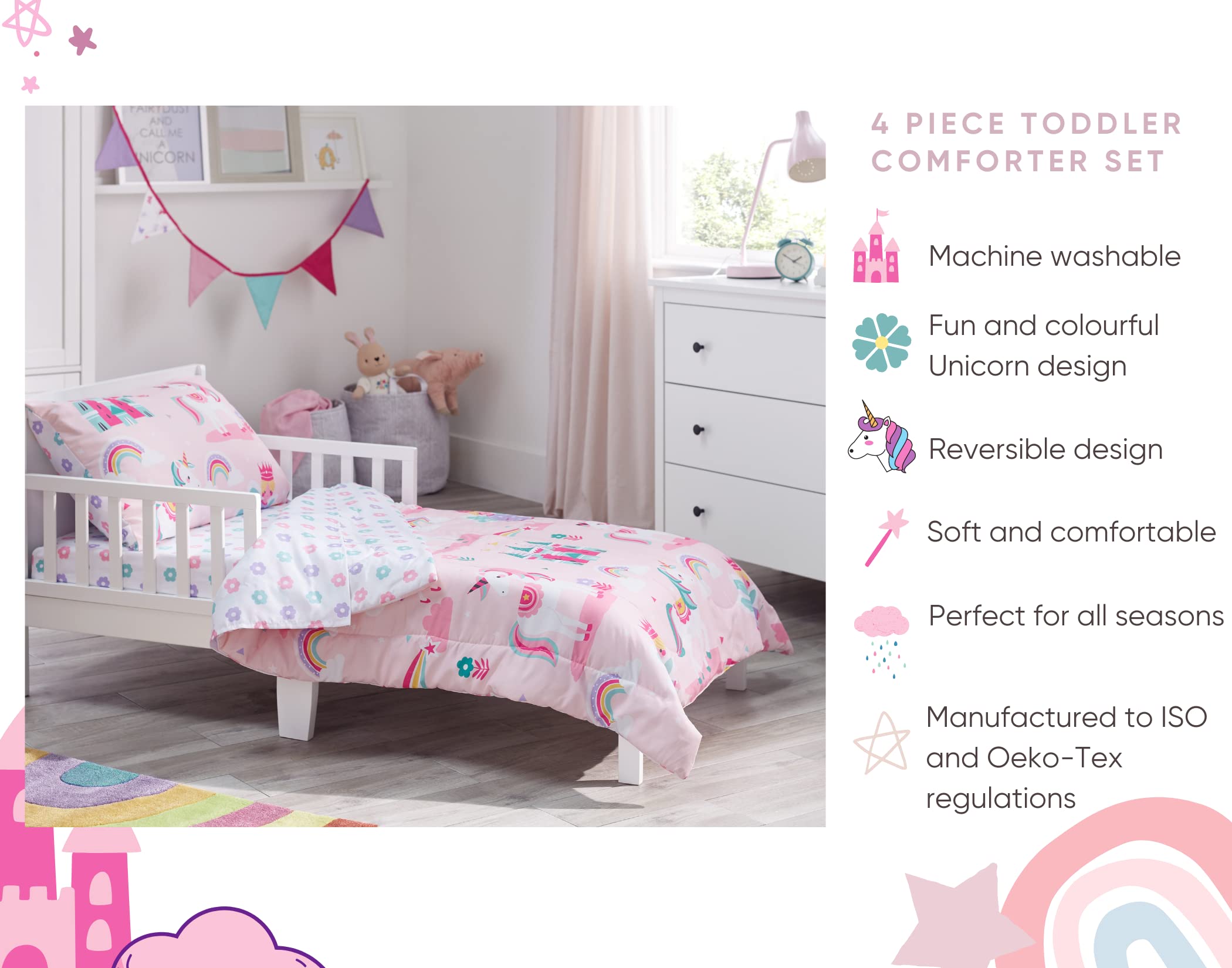 Bloomsbury Mill - 4 Piece Toddler Comforter Set - Magic Unicorn, Fairy Princess & Enchanted Castle - Pink - Kids Bedding Set