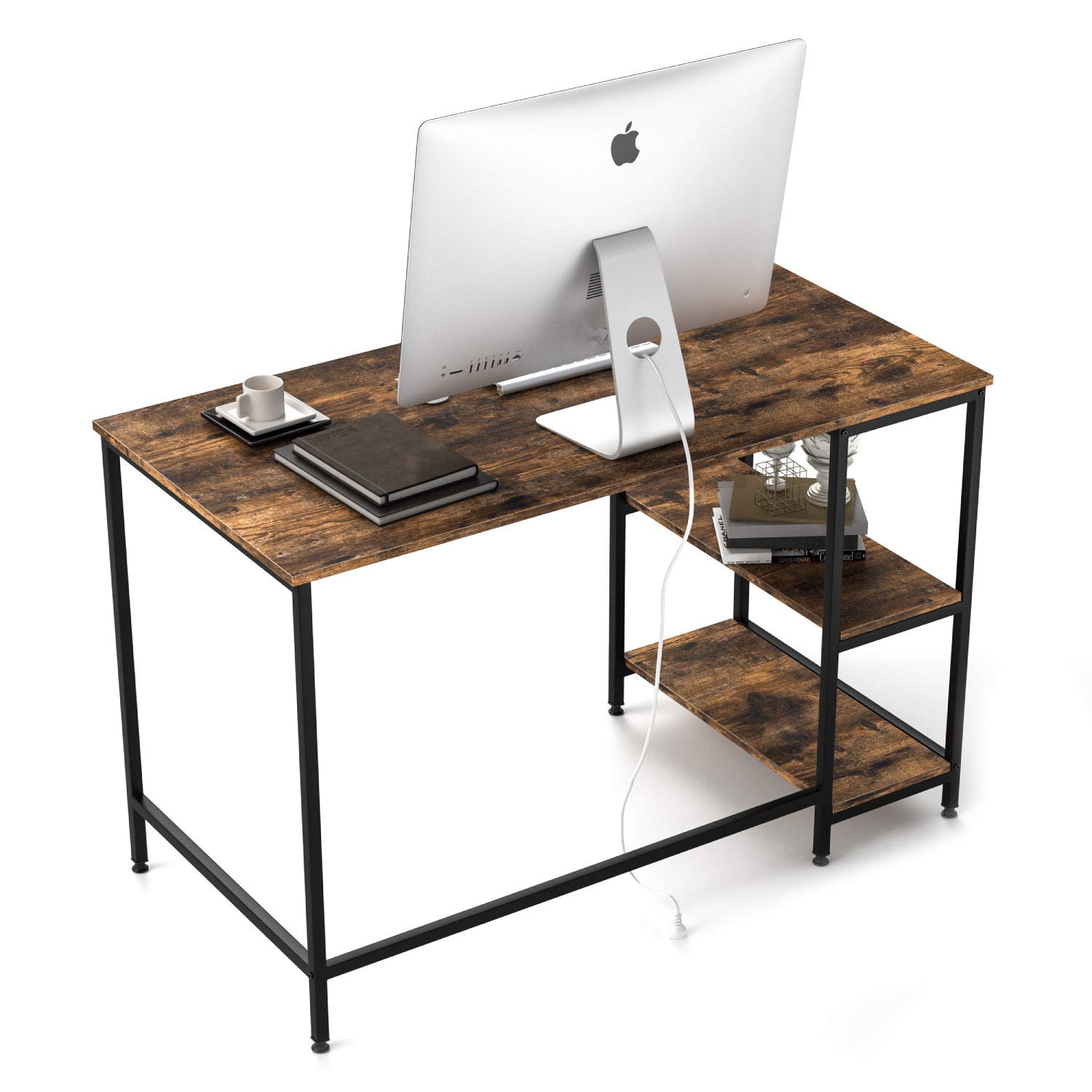 Ballucci Computer Desk, 47 Inch Home Office Desk with 2 Storage Shelves, Modern Study and Gaming Desk, Wood with Metal Frame Workstation and Writing Table - Rustic Brown