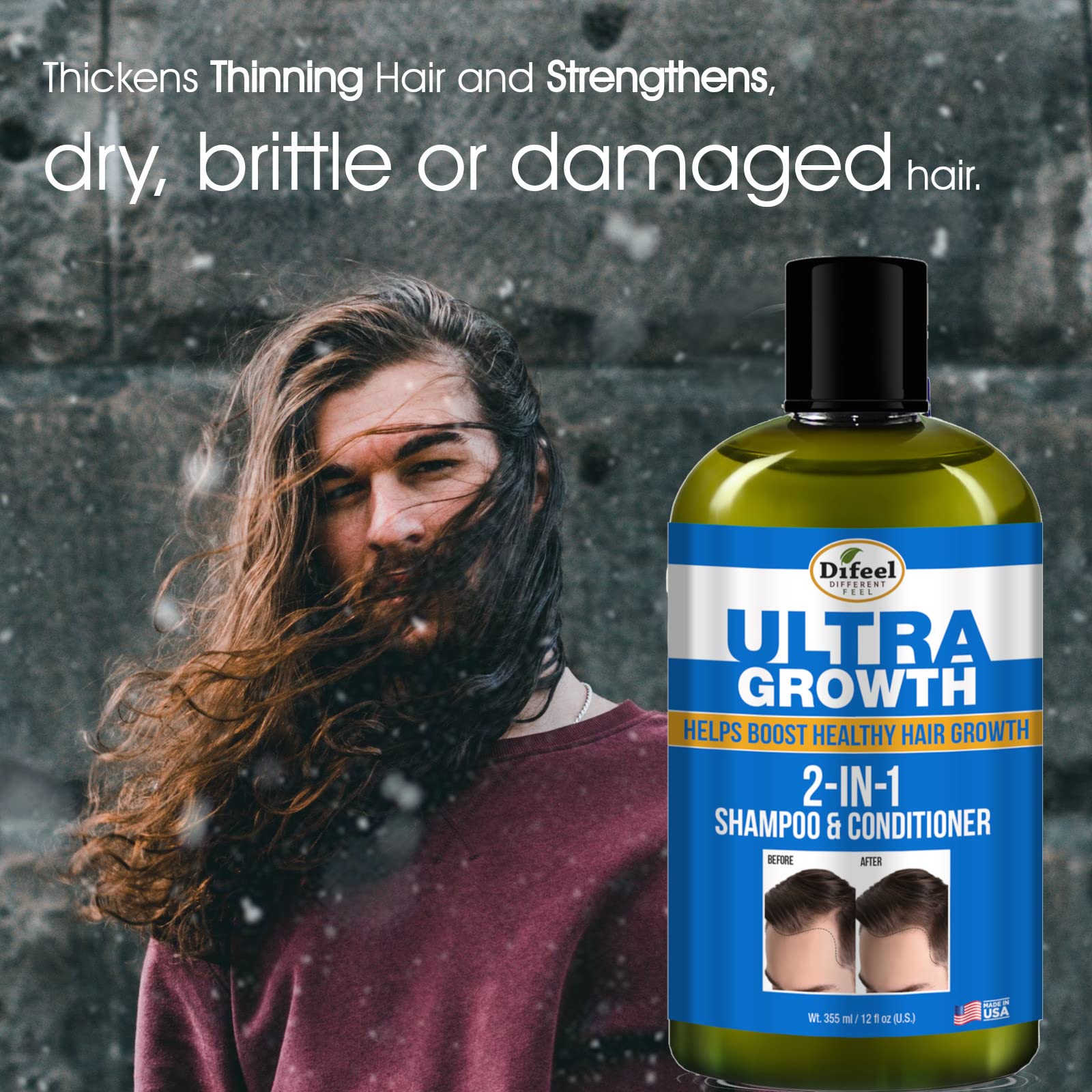 Difeel Mens Ultra Growth 2-in-1 Shampoo and Conditioner 12 oz. - Sulfate Free Shampoo & Conditioner for Men