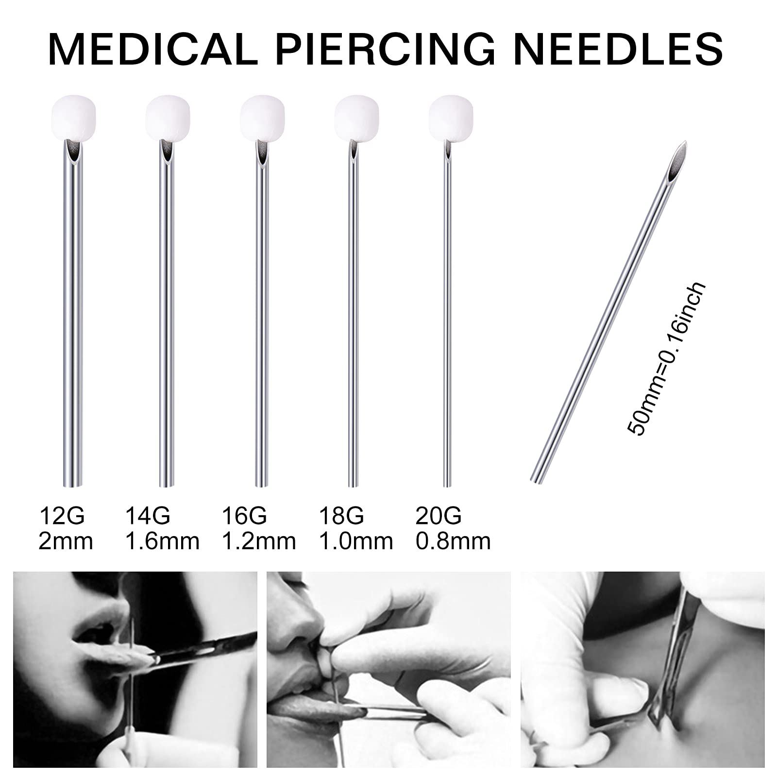 DJCIW 25PCS Mixed Body Piercing Needles, 12G 14G 16G 18G 20G Disposable Sterile Stainless Steel Piercing Needles for Ear Nose Navel Belly Nipple Tongue Lip Piercing