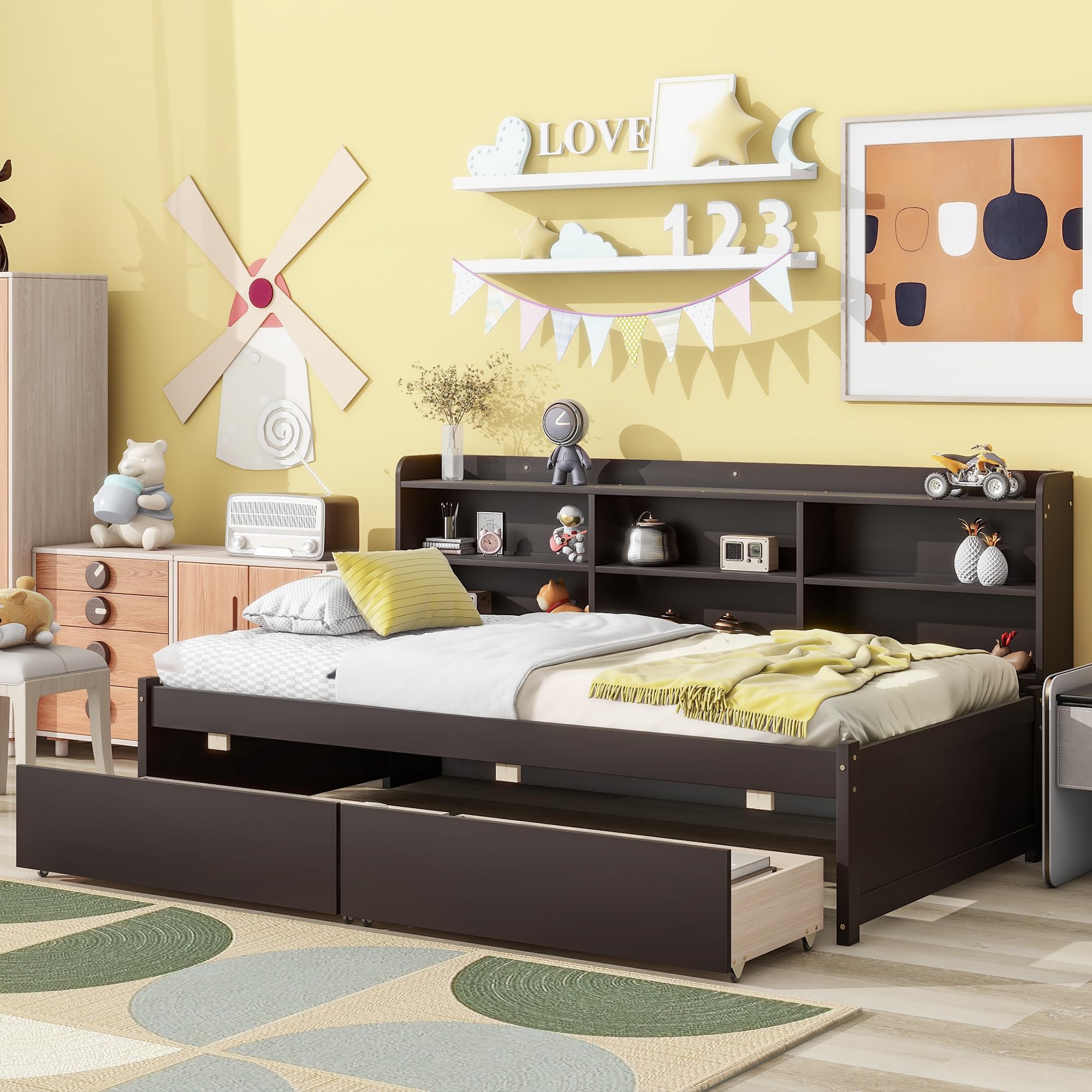 HoRunzelin Twin Size Platform Bed with Bookcase and 2 Storage Drawers, Pine Wood Daybed Captains Bed with Bookshelf for Kids Boys Girls, Espresso