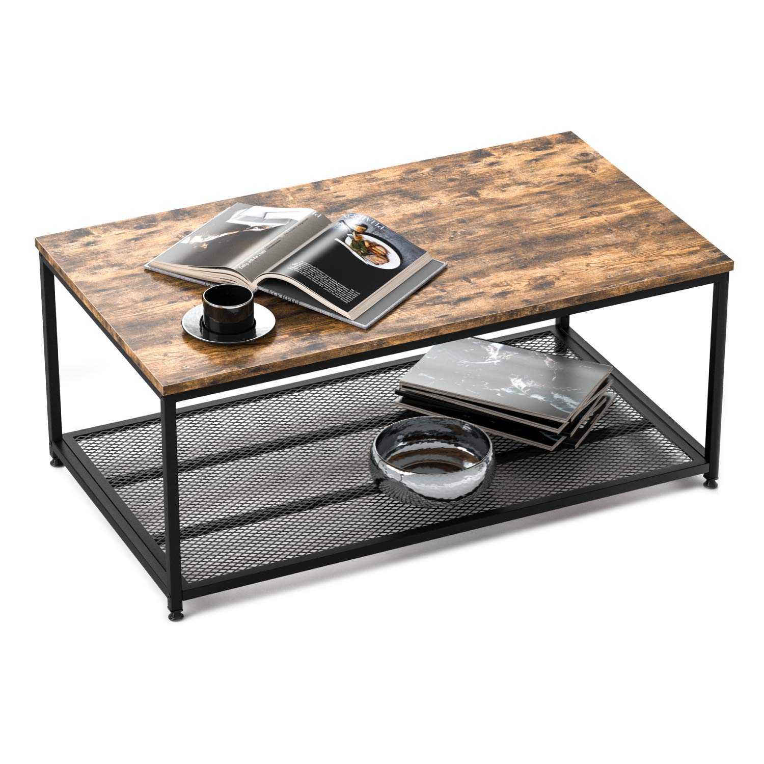 Ballucci Modern Coffee Table with Storage Shelf, Large 2-Tier 41.75" Living Room Center Table with Metal Frame and Wood Accent Furniture - Rustic Brown