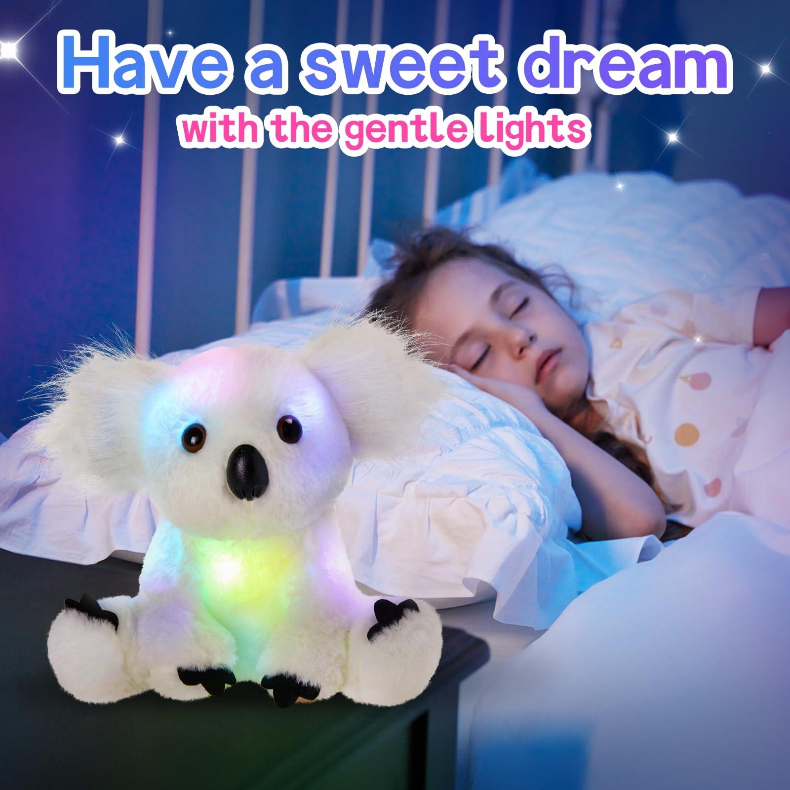 Glow Guards 10'' Light up White Koala Stuffed Animal LED Soft Plush Wildlife Toy with Rainbow Night Lights Ideal Birthday Children's Day for Toddler Kids