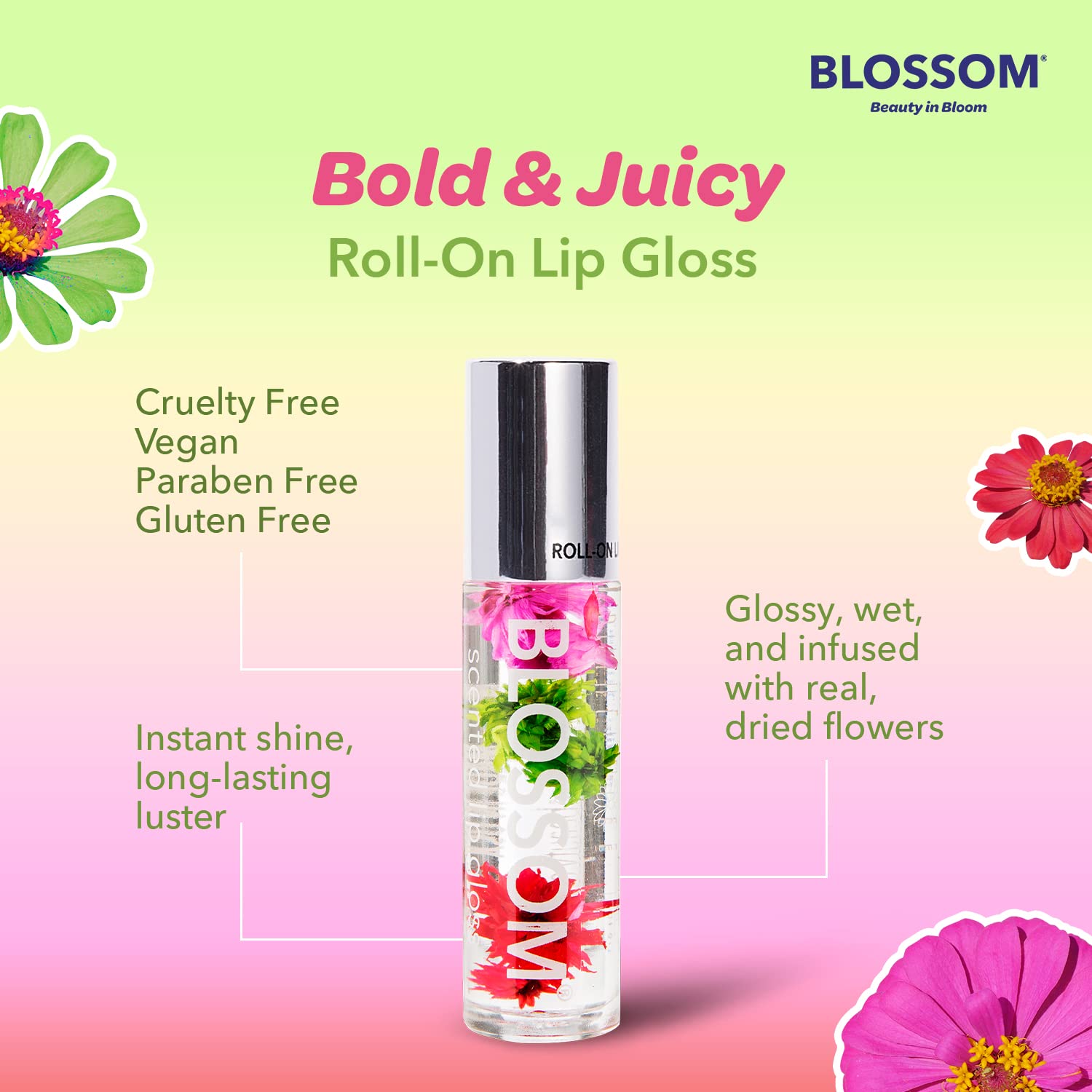 Blossom Scented Roll on Lip Gloss, Infused with Real Flowers, Made in USA, 0.40 fl oz, 2 pack, Raspberry/Watermelon