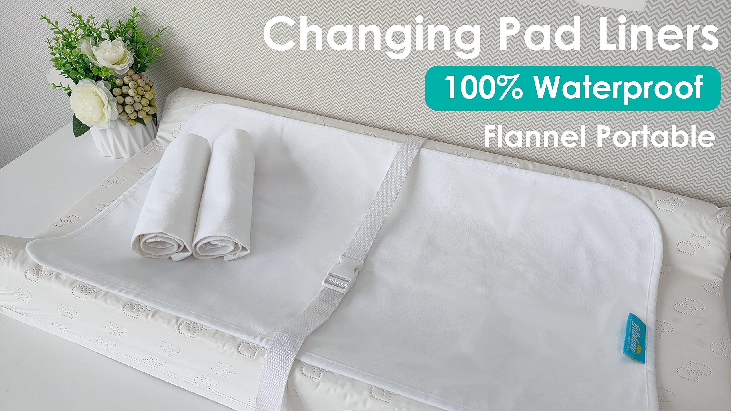 Changing Pad Liners (5 Count) Waterproof Larger Changing Pad Cover 28" X 15", Cotton Flannel, White (Solid Improved Thickness) / Baby Waterproof Pad Washable, 36" x 18", 4 Layers Incontinence Bed Pad